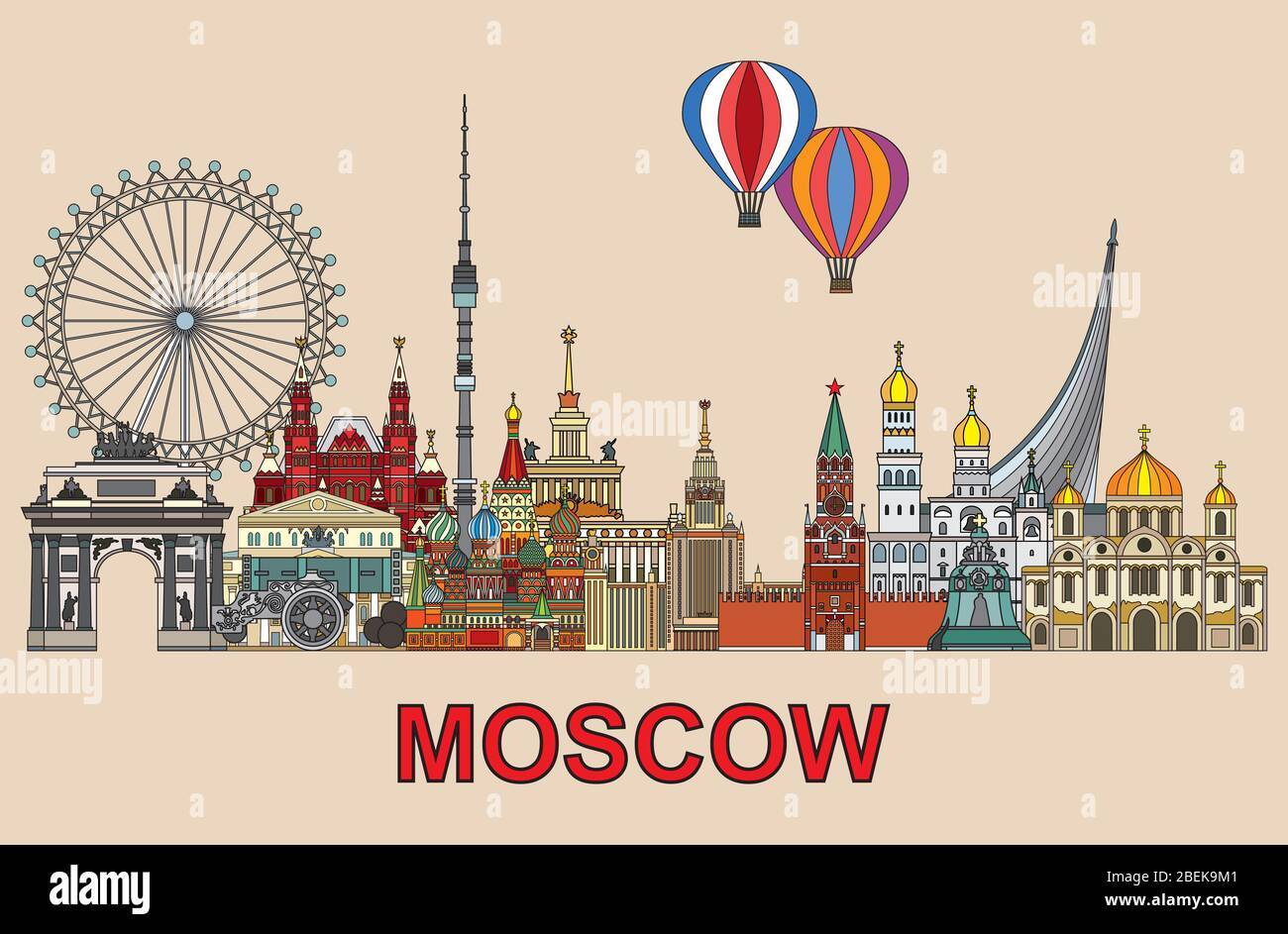 Moscow skyline travel illustration with architectural landmarks in line ...