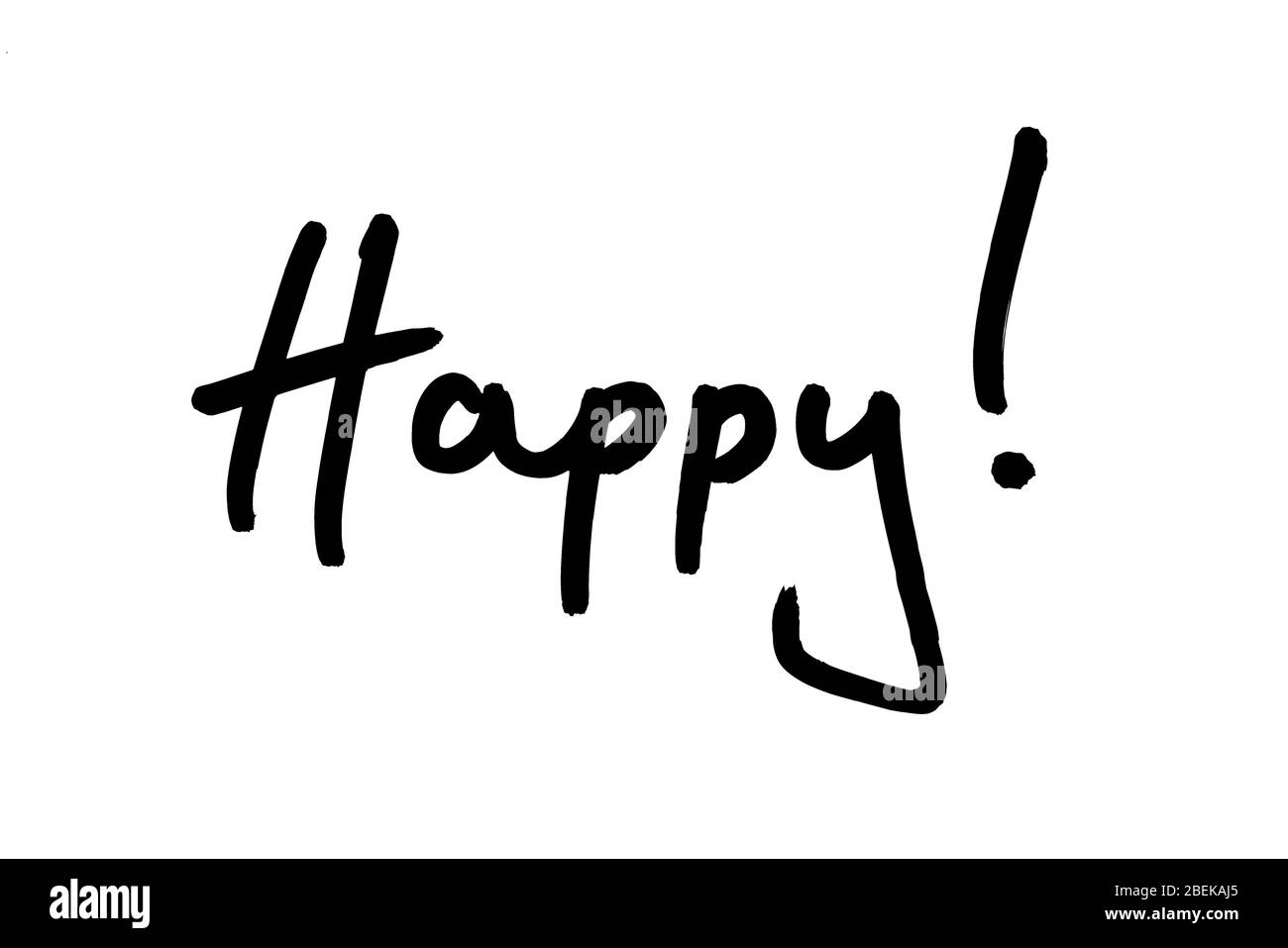 Happy! handwritten on a white background Stock Photo - Alamy