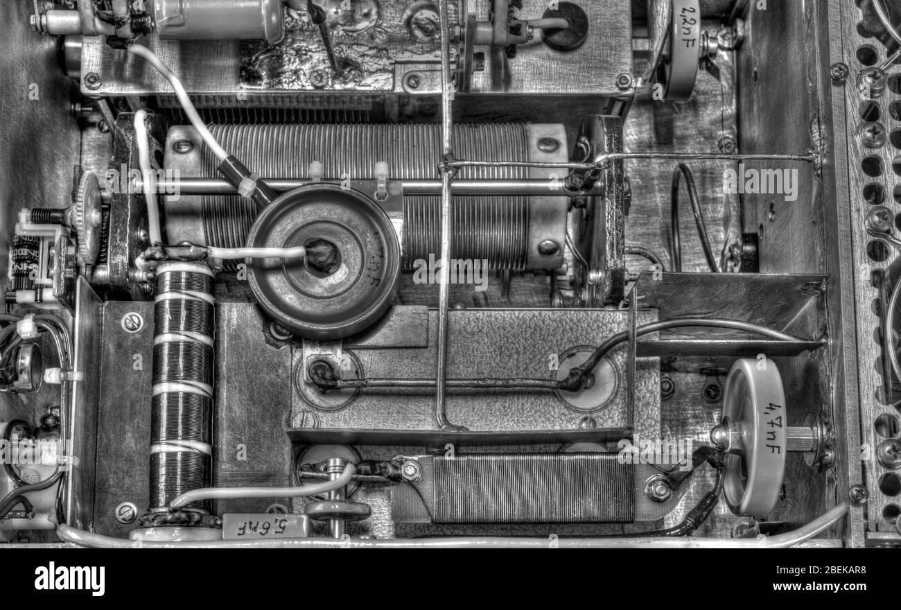 Inside view of high frequency power amplifier with capacitors, coils ...