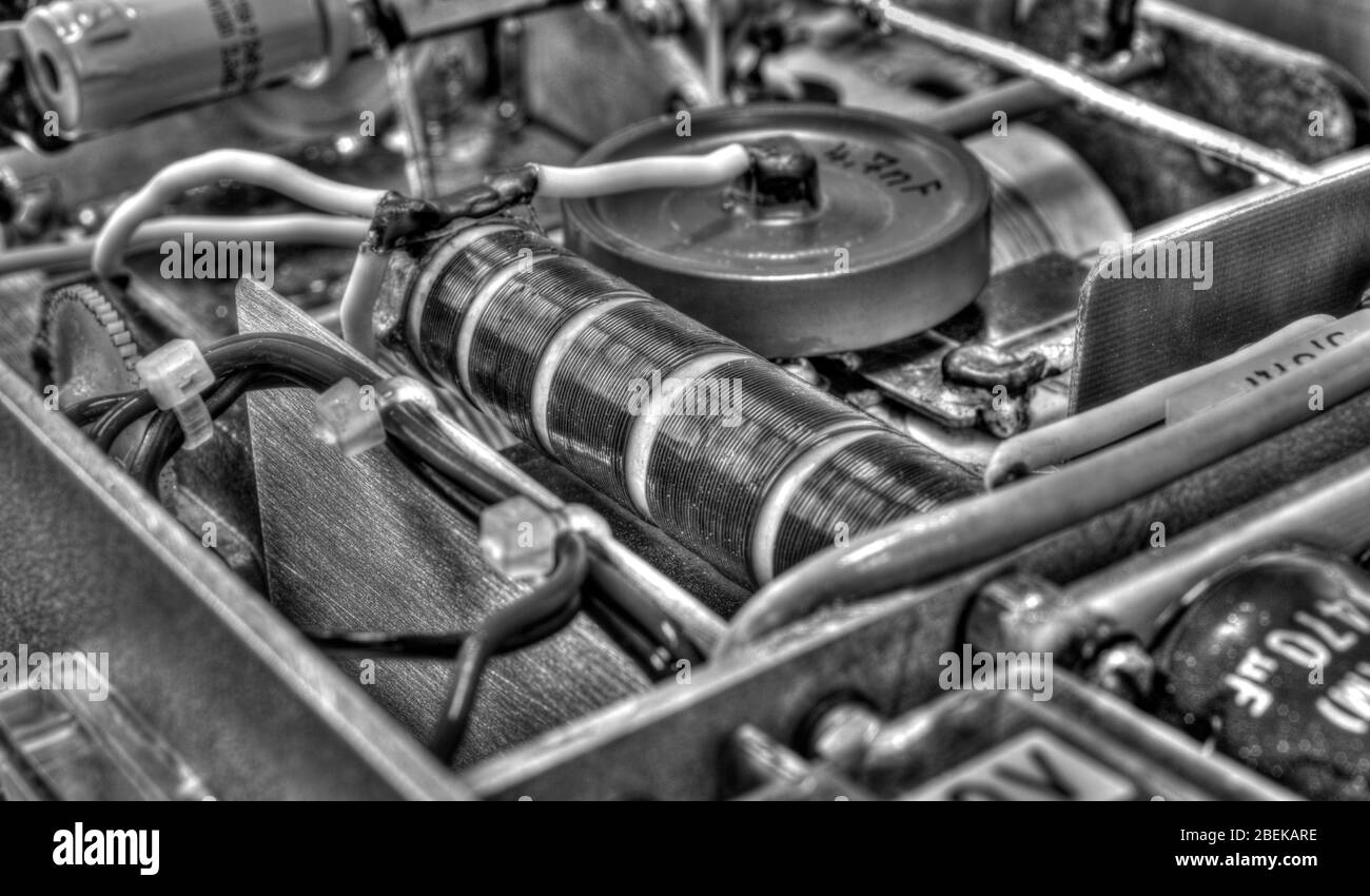 Inside view of high frequency power amplifier with capacitors, coils ...