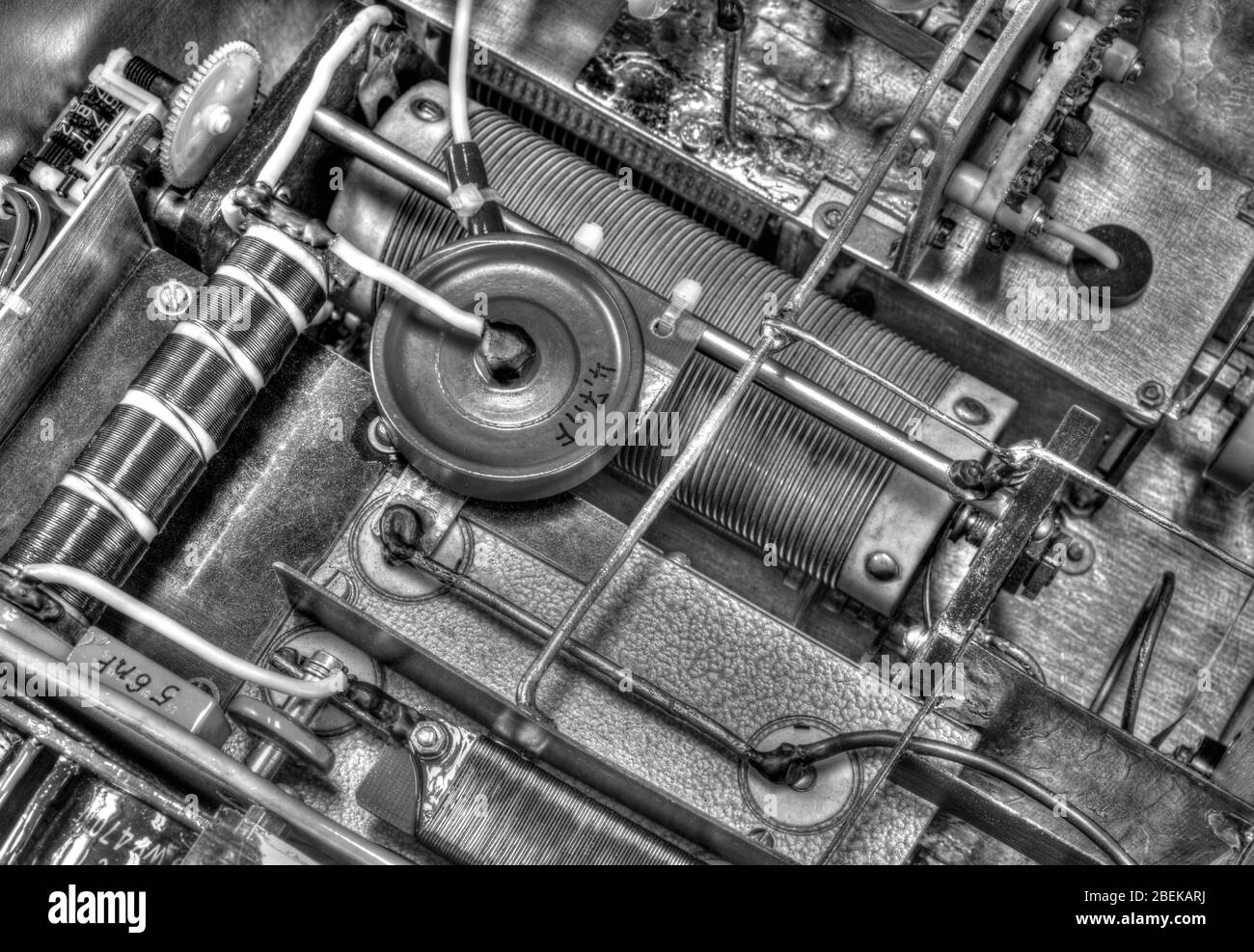 Inside view of high frequency power amplifier with capacitors, coils ...