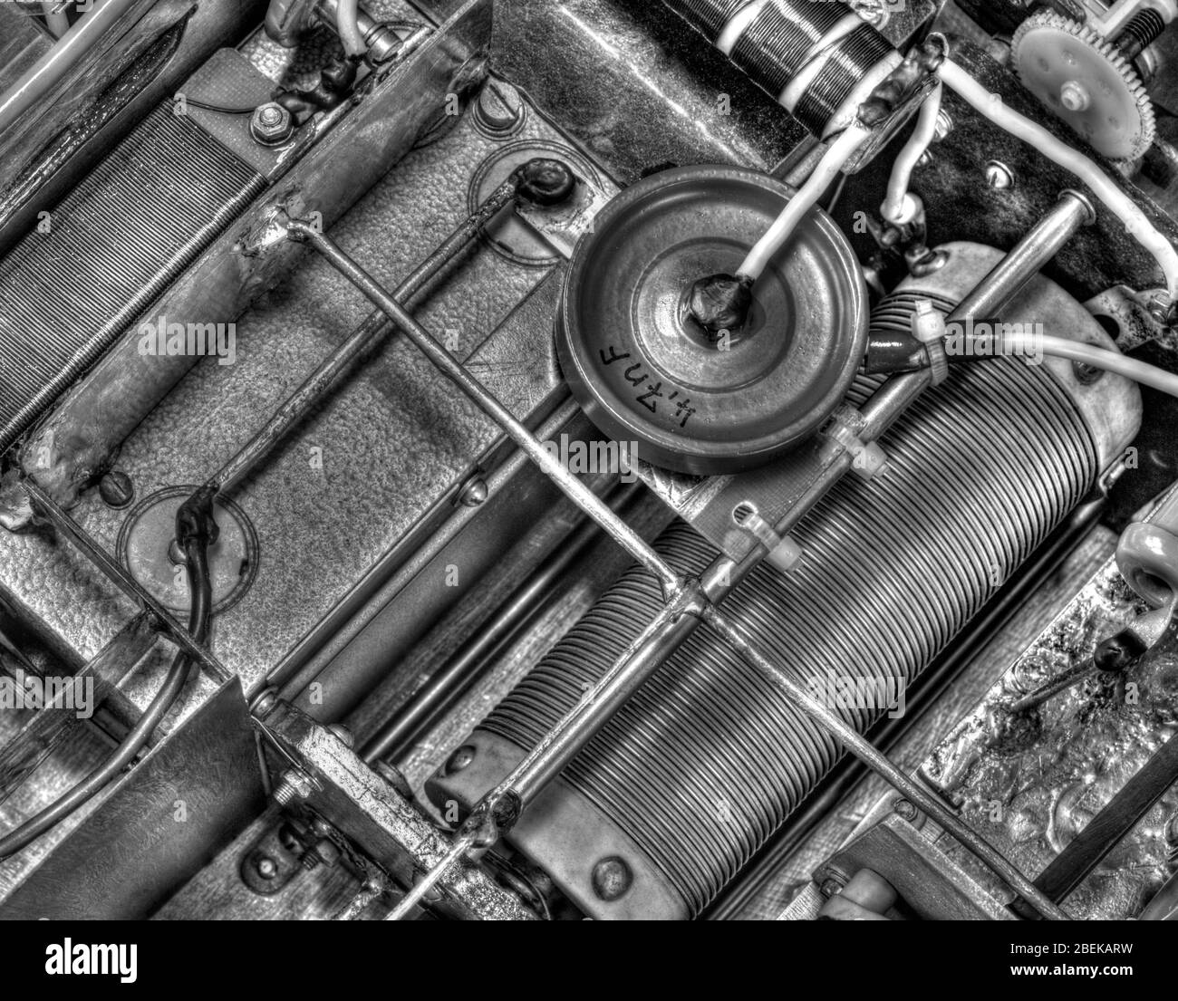 Inside view of high frequency power amplifier with capacitors, coils ...