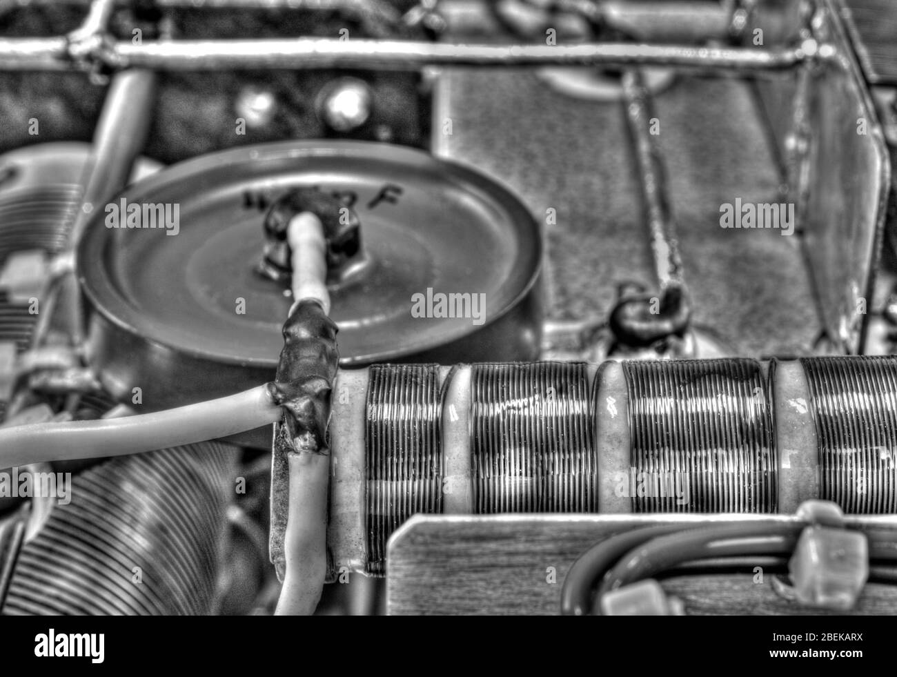 Inside view of high frequency power amplifier with capacitors, coils ...