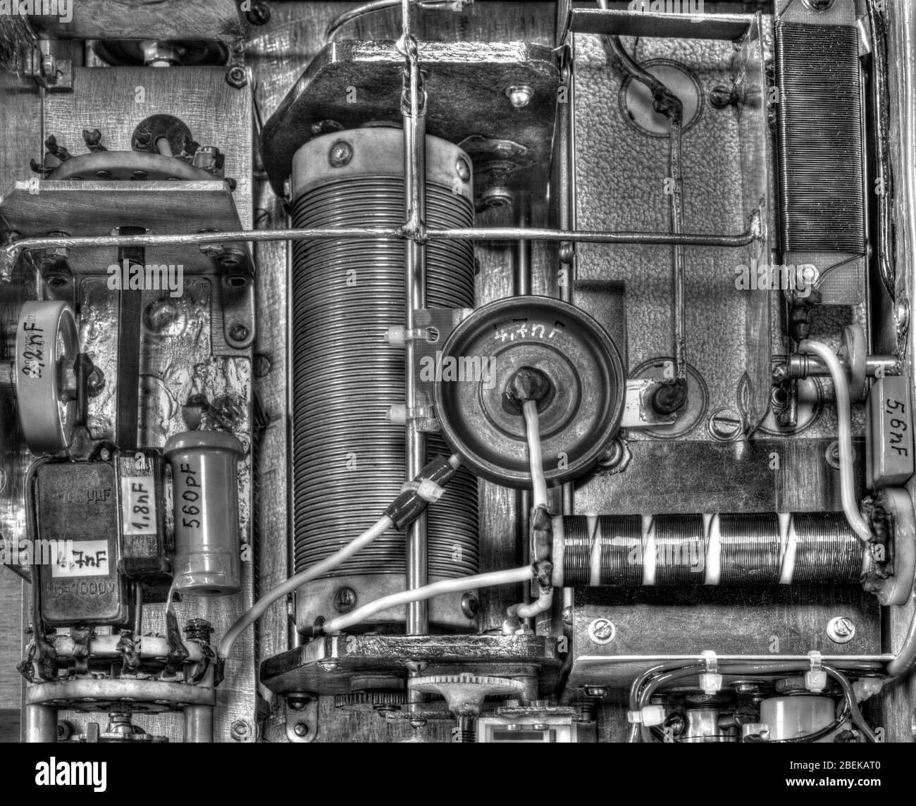 Inside view of high frequency power amplifier with capacitors, coils ...