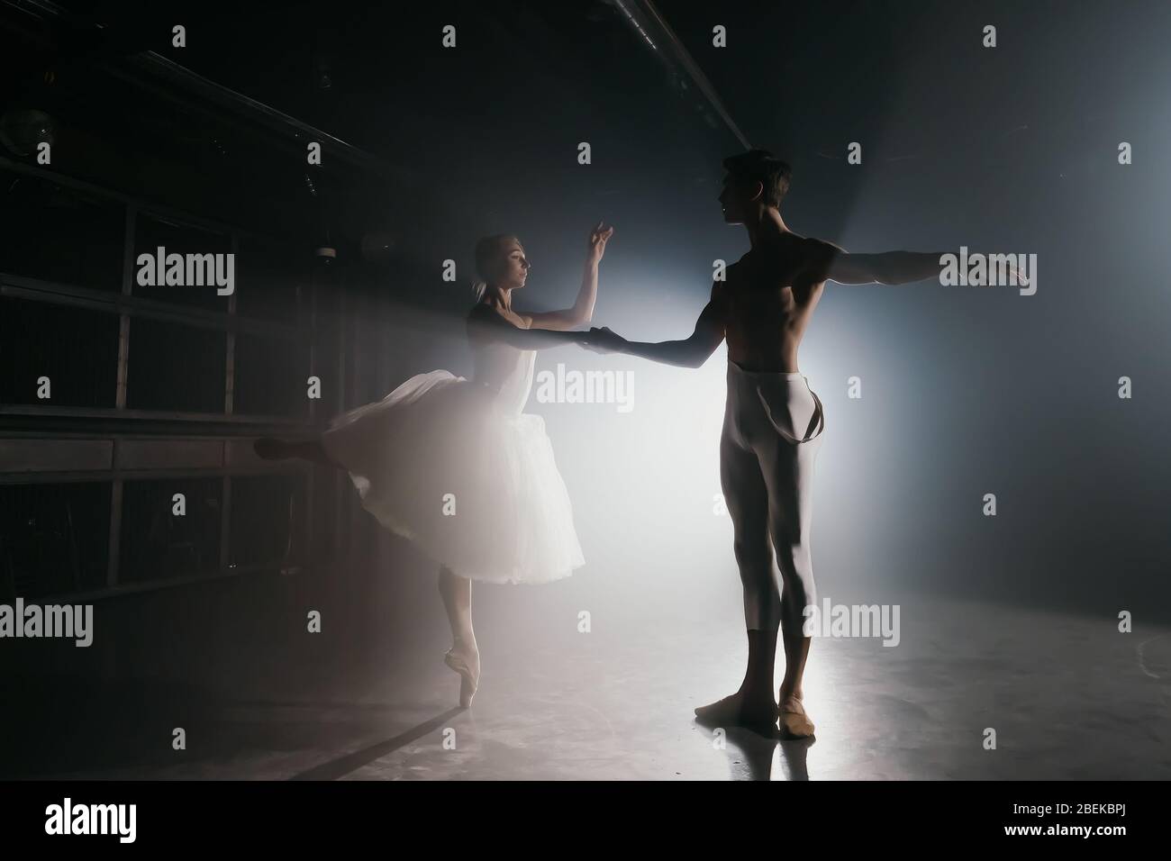 Professional ballet couple dancing in spotlights smoke on big stage. Beautiful young woman and ...