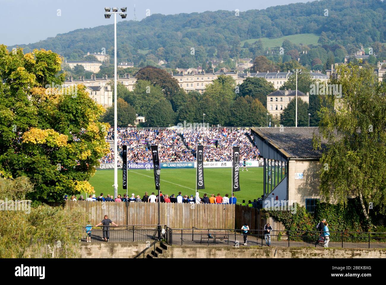 Crowd watching rugby game on the Recreation Ground, Bath, Somerset ...