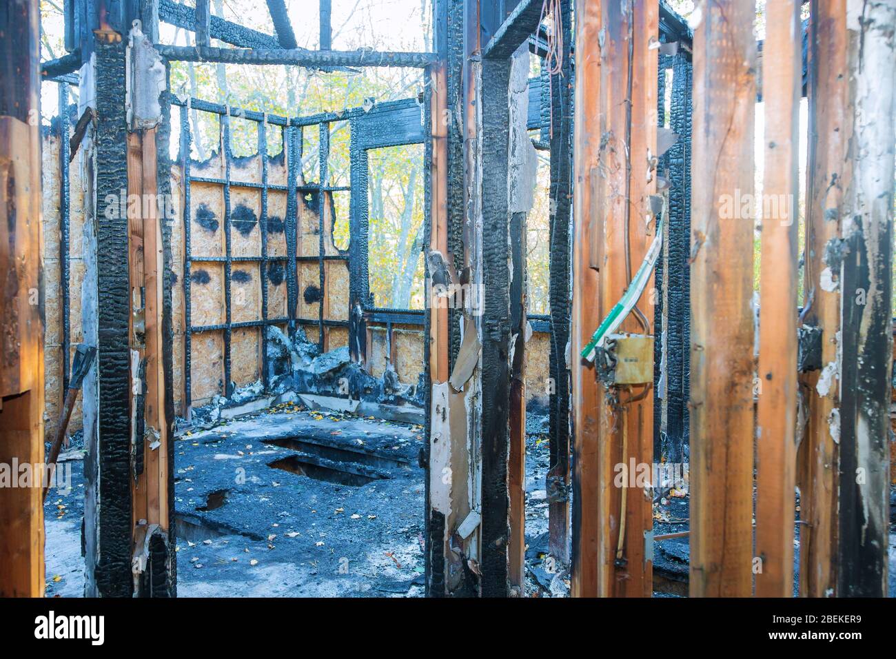 Burned interior room home residence wooden house after fire Stock Photo ...