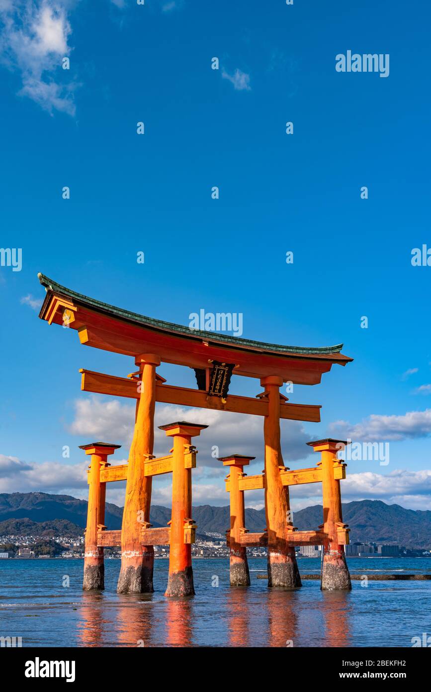 Floating orange red giant Grand O-Torii gate stands in Miyajima island ...