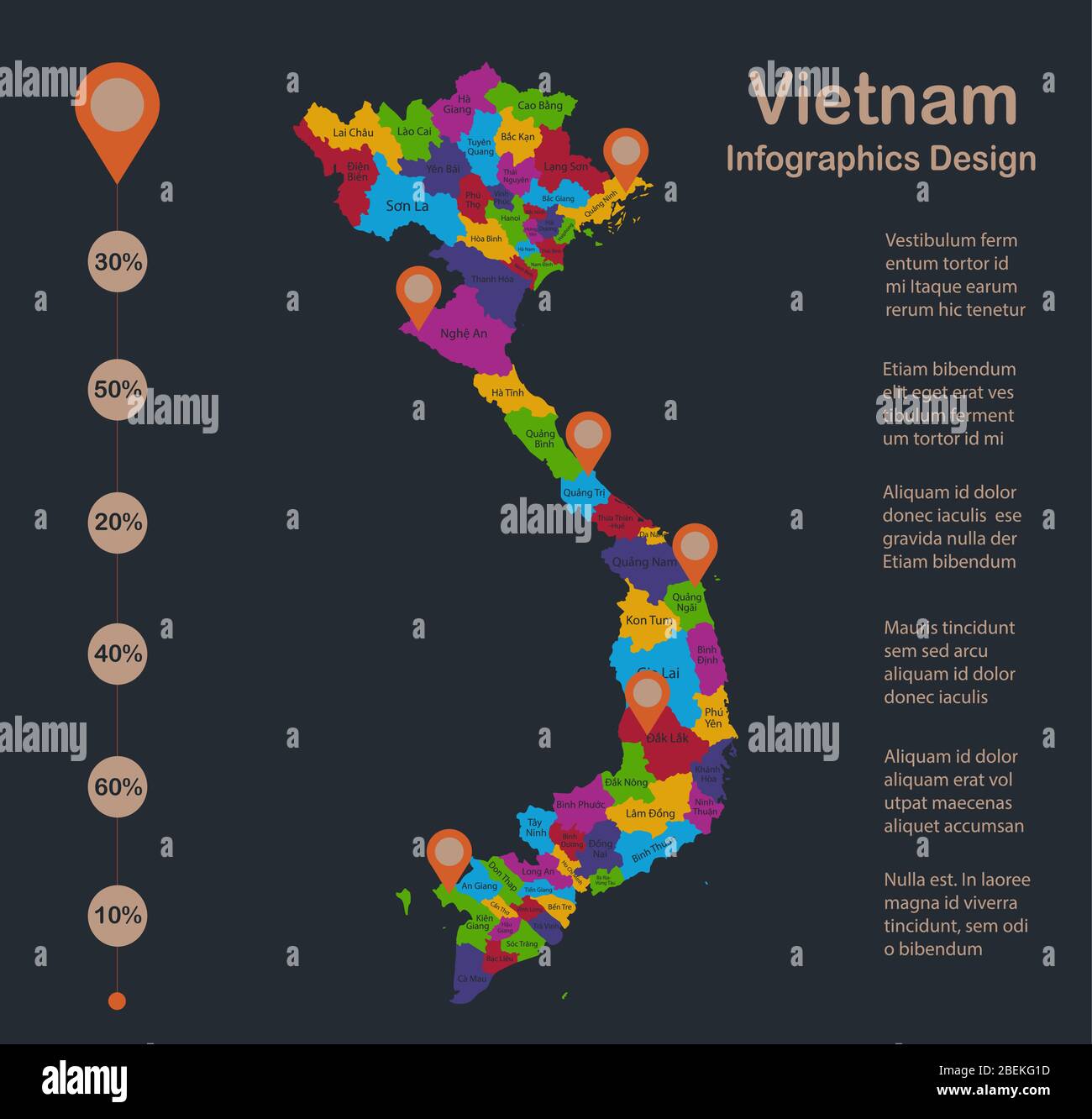 Infographics Vietnam map, flat design colors, with names of individual ...