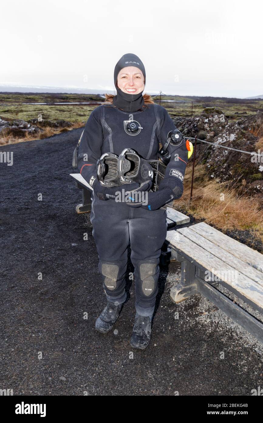 Scuba divers at Silfra rift, the place where Eurasian and the American ...