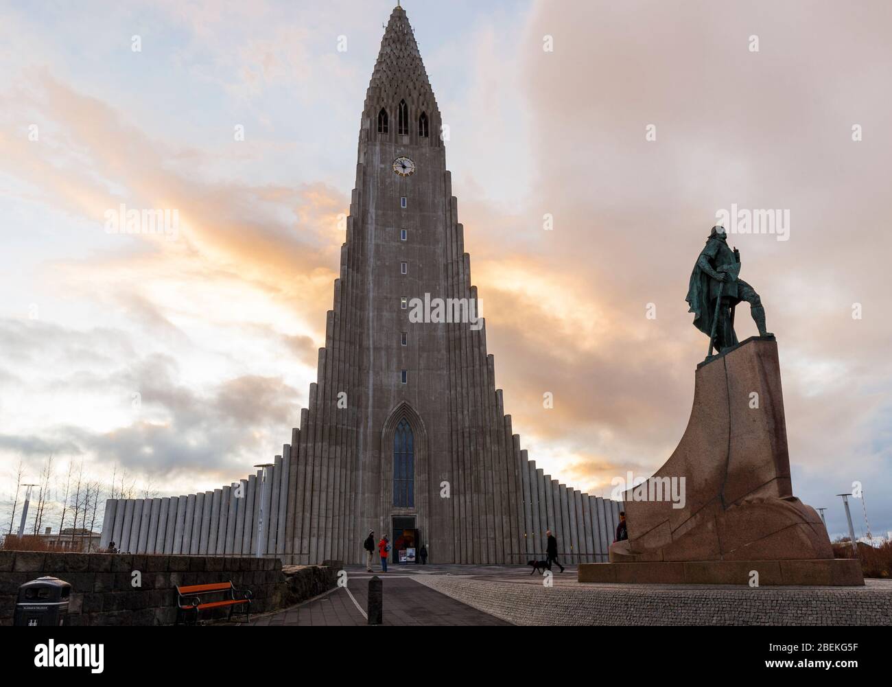 Iceland Reykjavik statue of Leifur Eriksson and Hallgrimskirkja Church ...