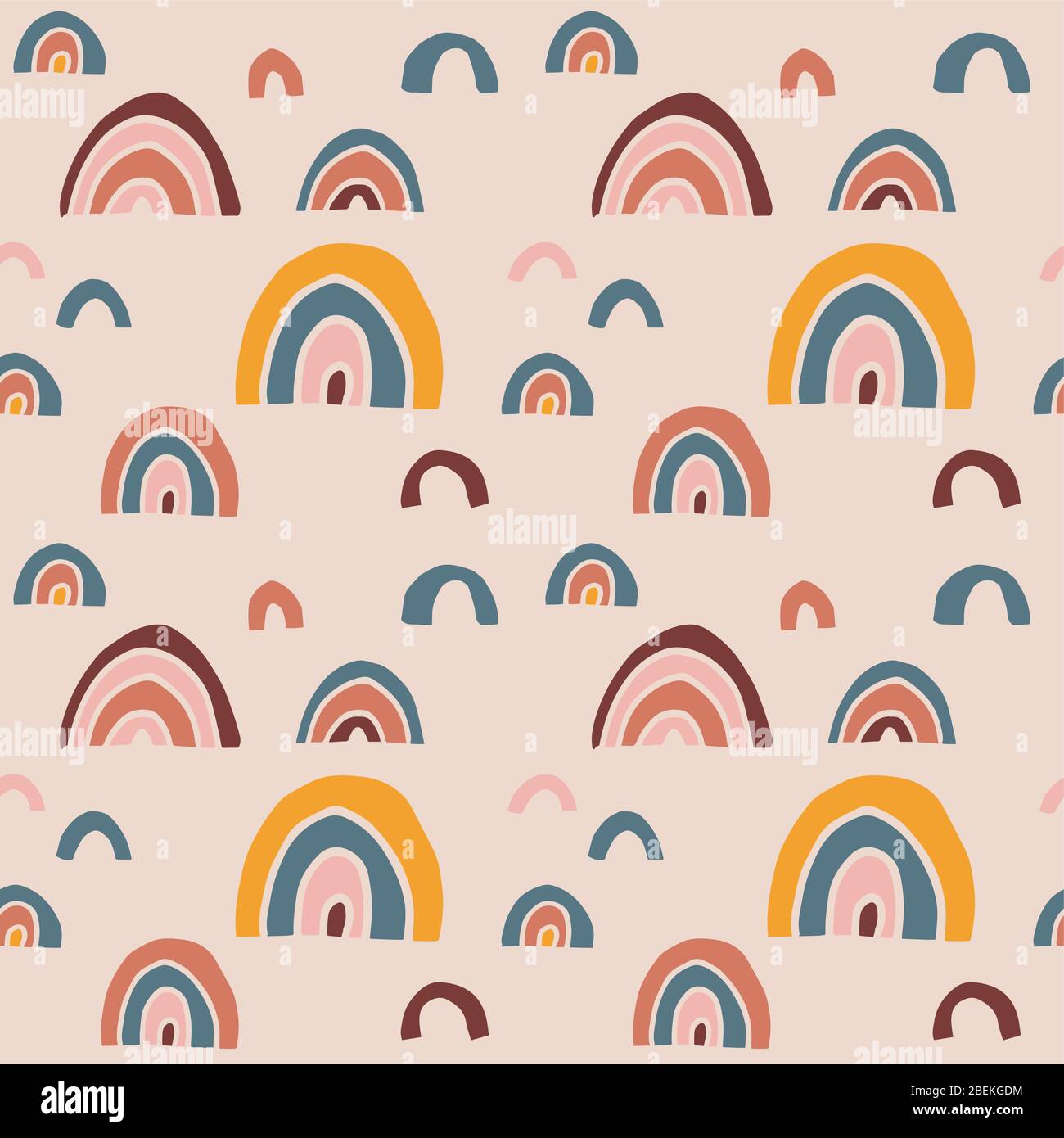 Trendy hand drawn seamless pattern with doodle rainbows. Colorful retro ...