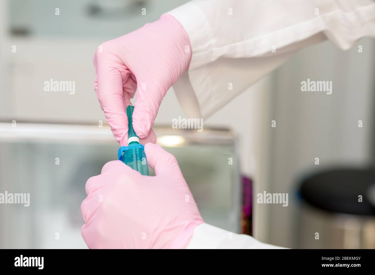 Blood collection and sampling system elements in nurse hands Stock ...