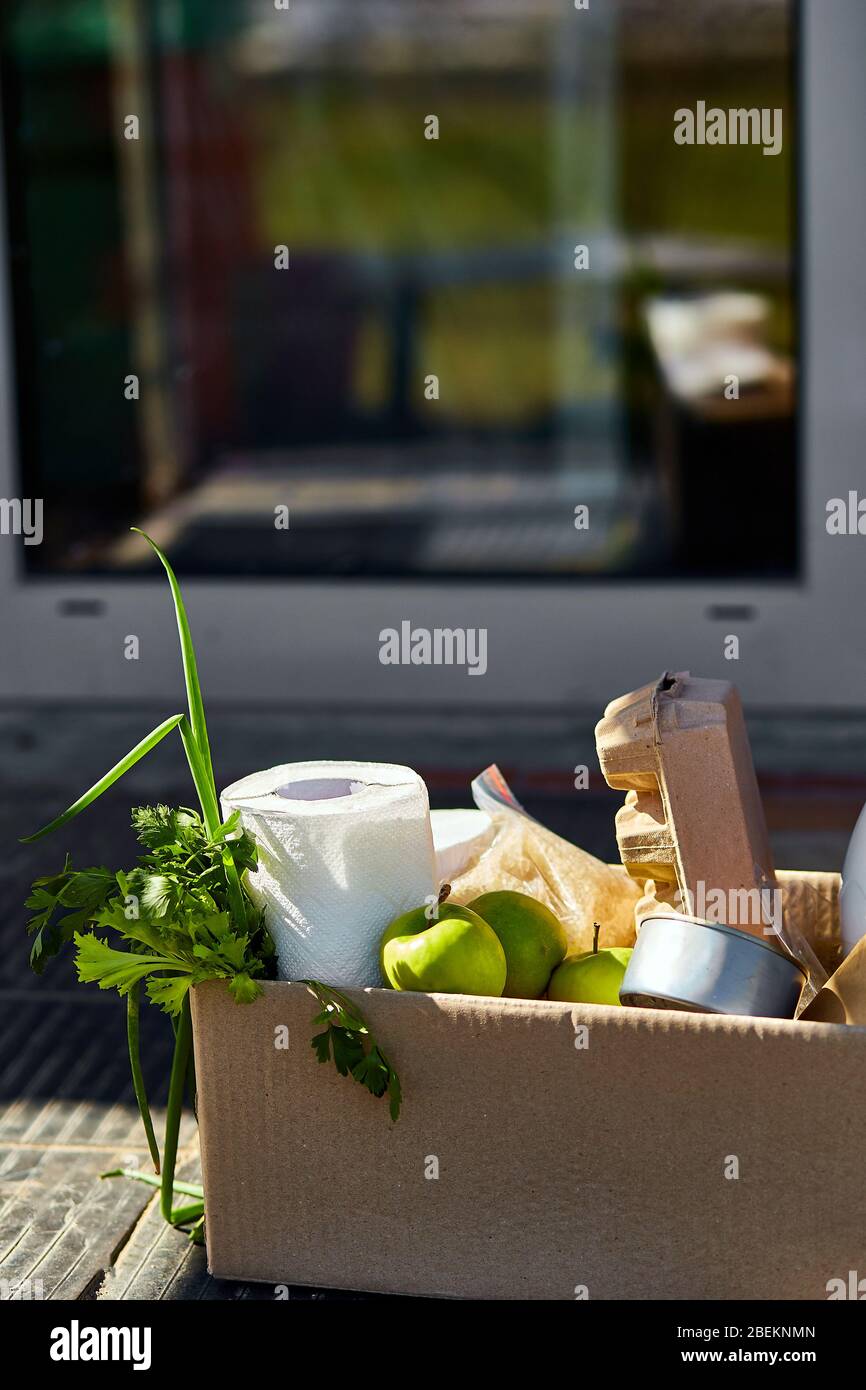 Delivery during the quarantine. Box with Merchandise, goods and food at ...