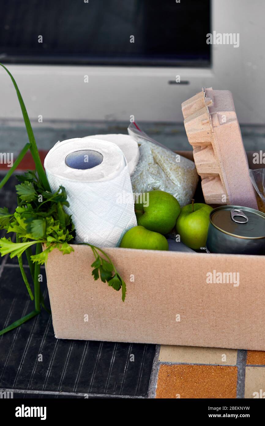 Delivery during the quarantine. Box with Merchandise, goods and food at ...