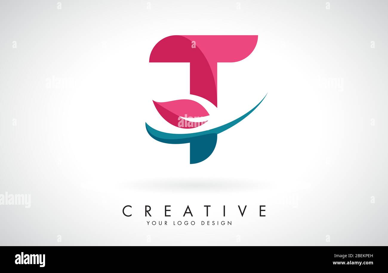 Blue and Red Letter T with Leaf and Creative Swoosh Logo Design Vector ...