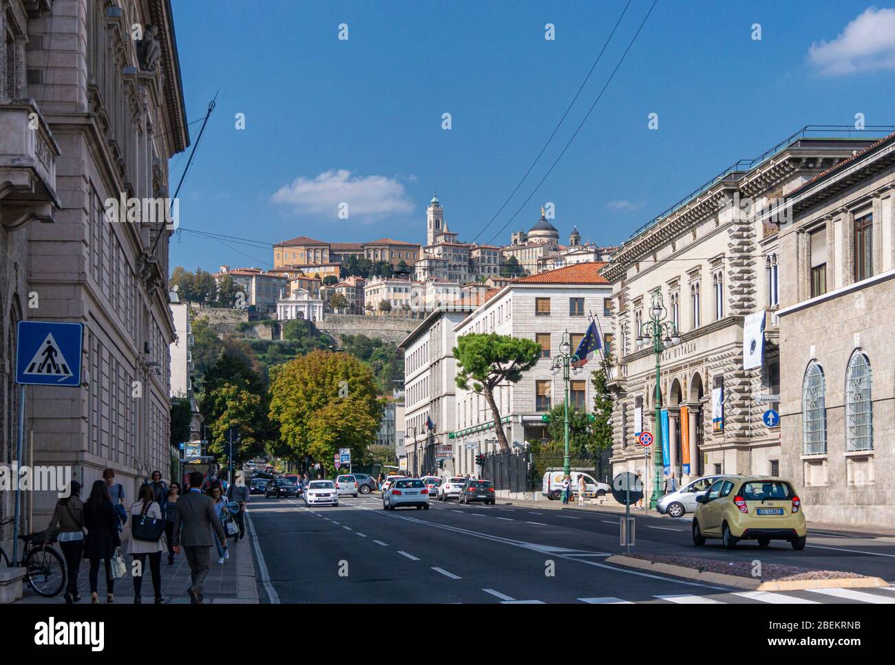 Street view of the Old Town on the hill from the Lower City of Bergamo ...