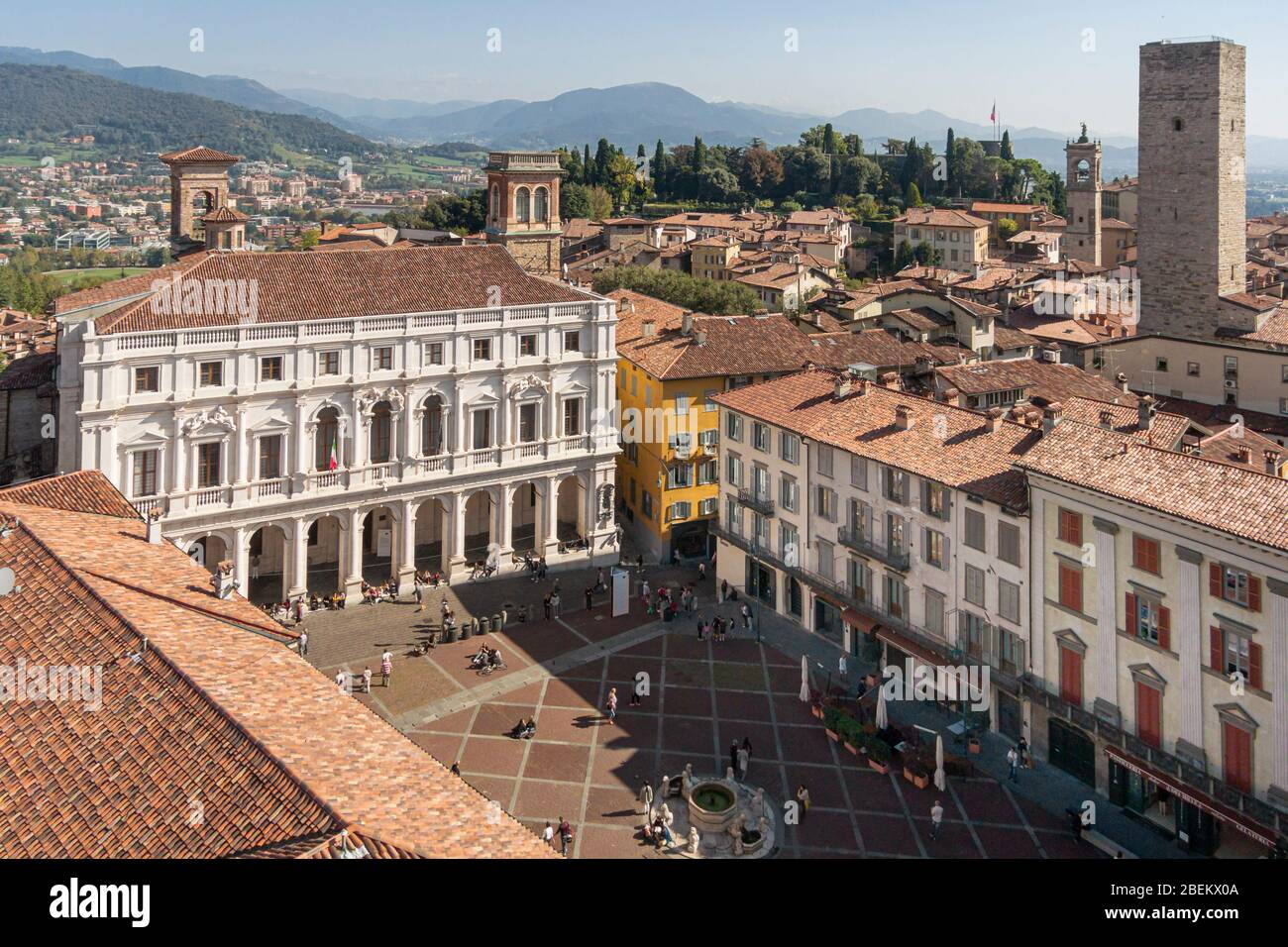 Aerial view of the town square of the old town of Bergamo, Italy Stock ...