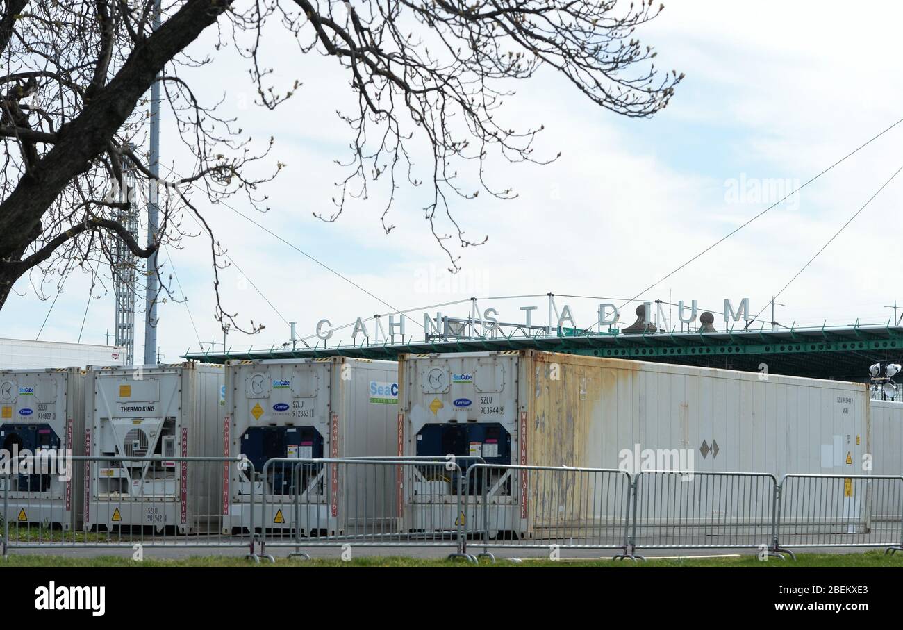 New York Manhattan, USA. 14th Apr, 2020. 69 refrigerated trailers sat ...