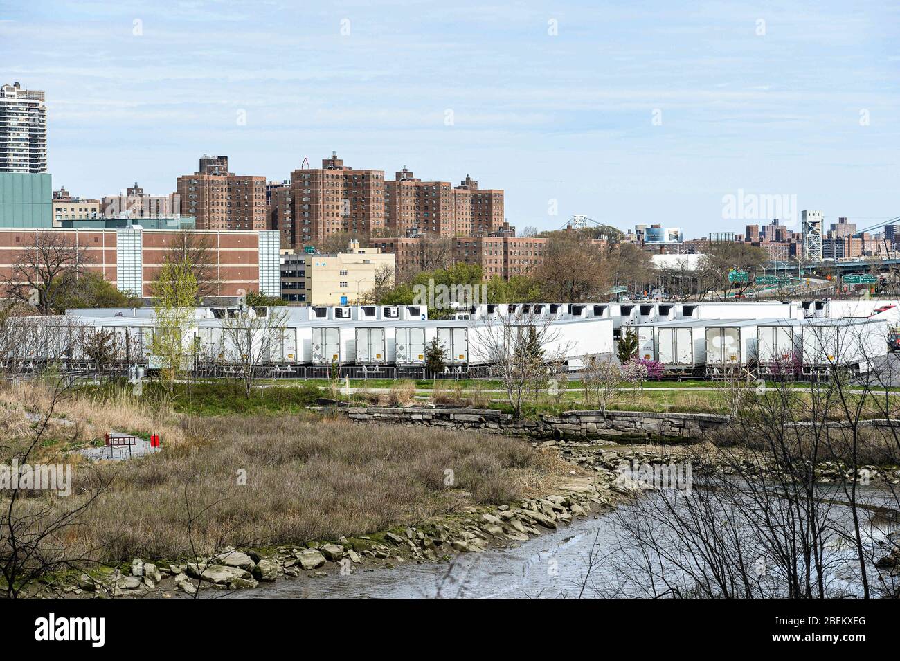 New York Manhattan, USA. 14th Apr, 2020. 69 refrigerated trailers sat ...