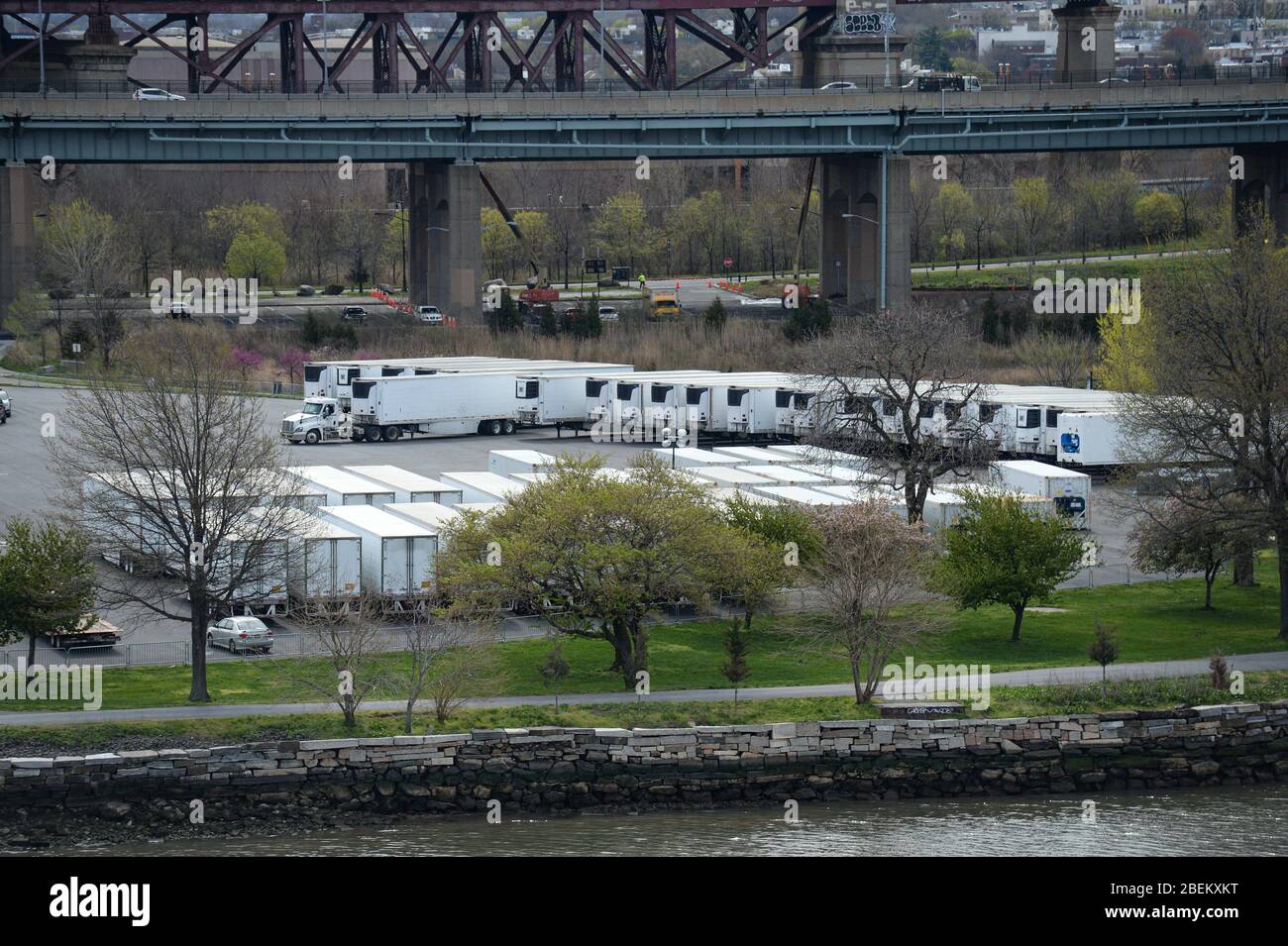 New York Manhattan, USA. 14th Apr, 2020. 69 refrigerated trailers sat ...
