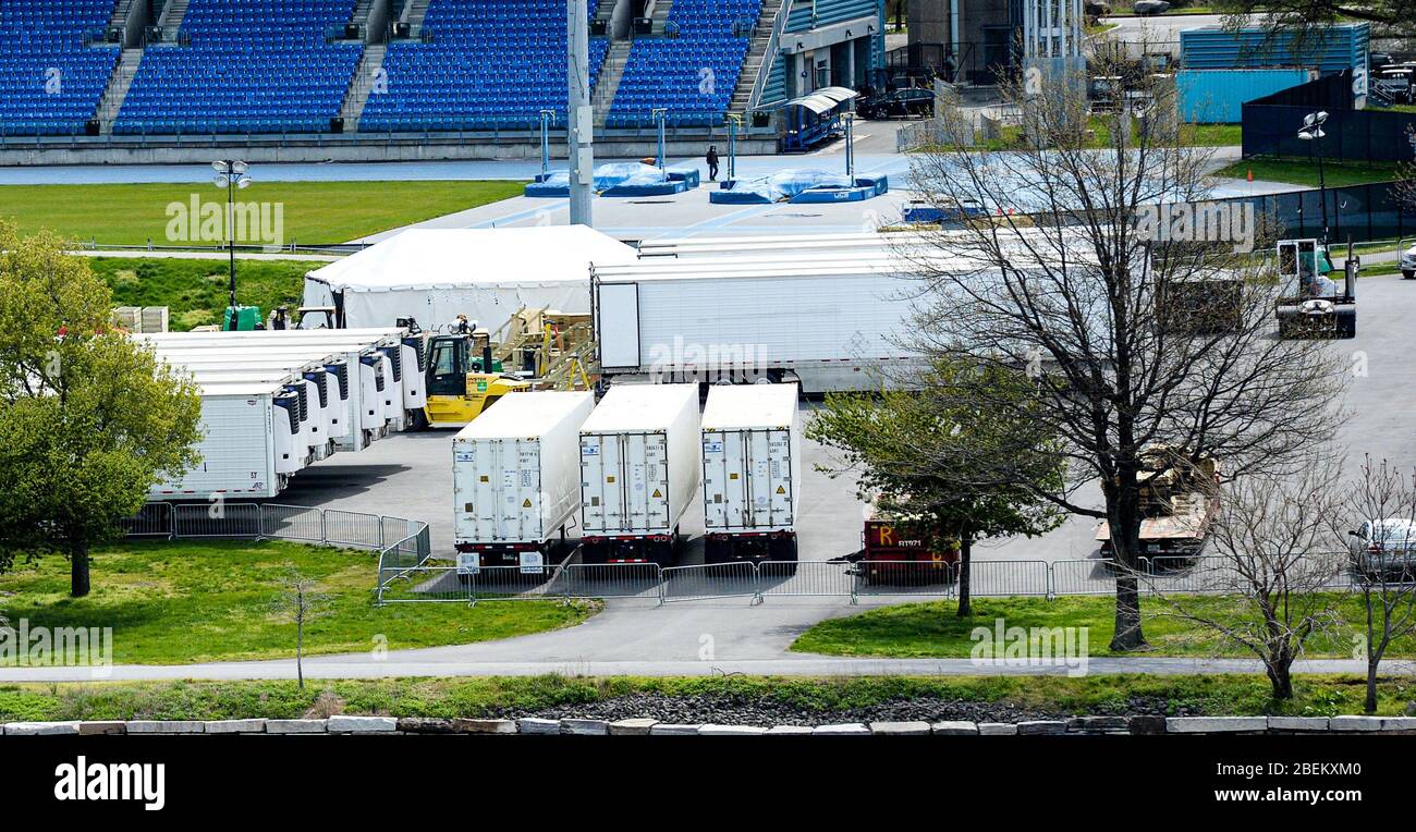 New York Manhattan, USA. 14th Apr, 2020. 69 refrigerated trailers sat ...