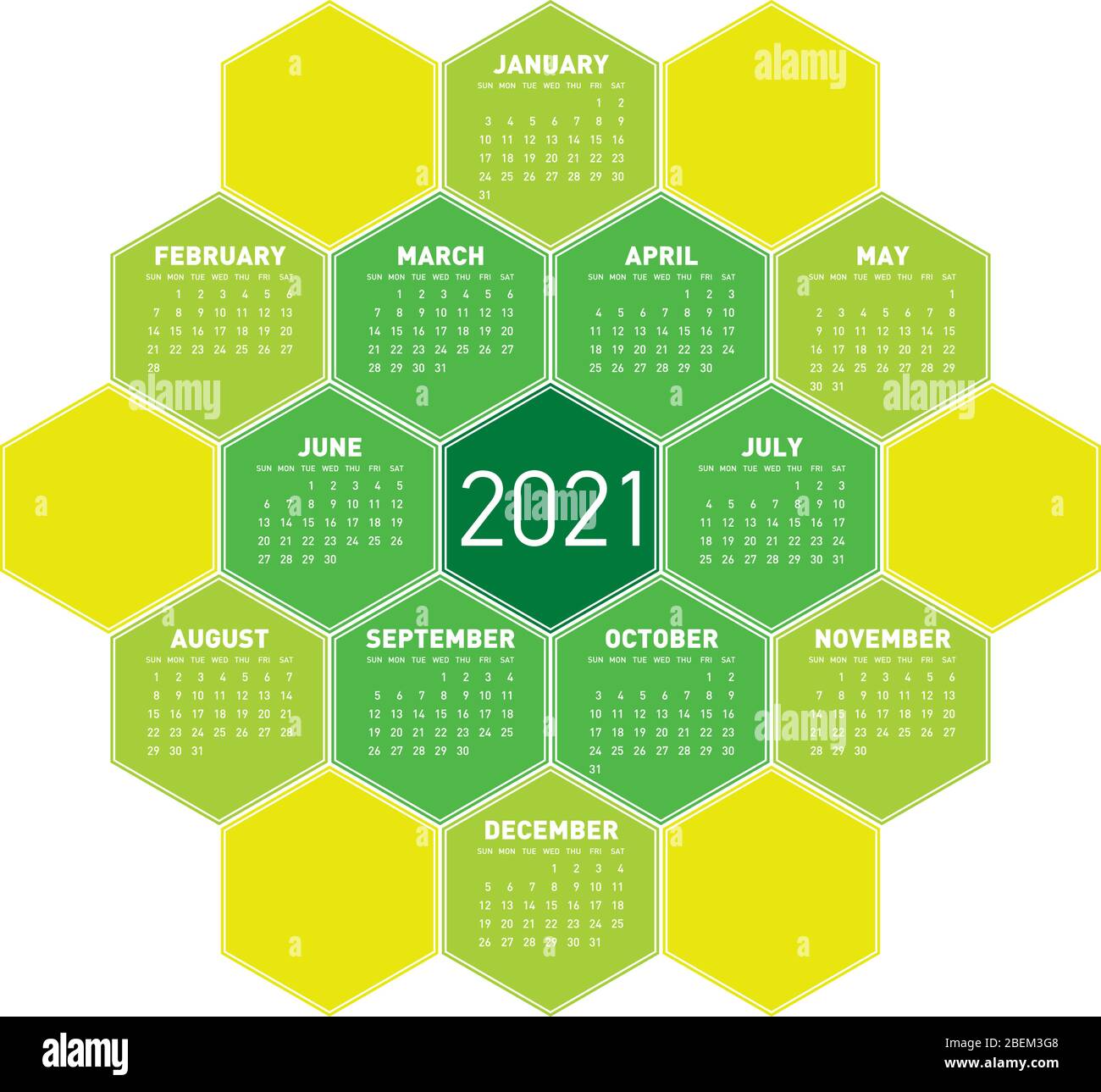 Green Calendar for year 2021 in an hexagonal pattern. In vector format ...
