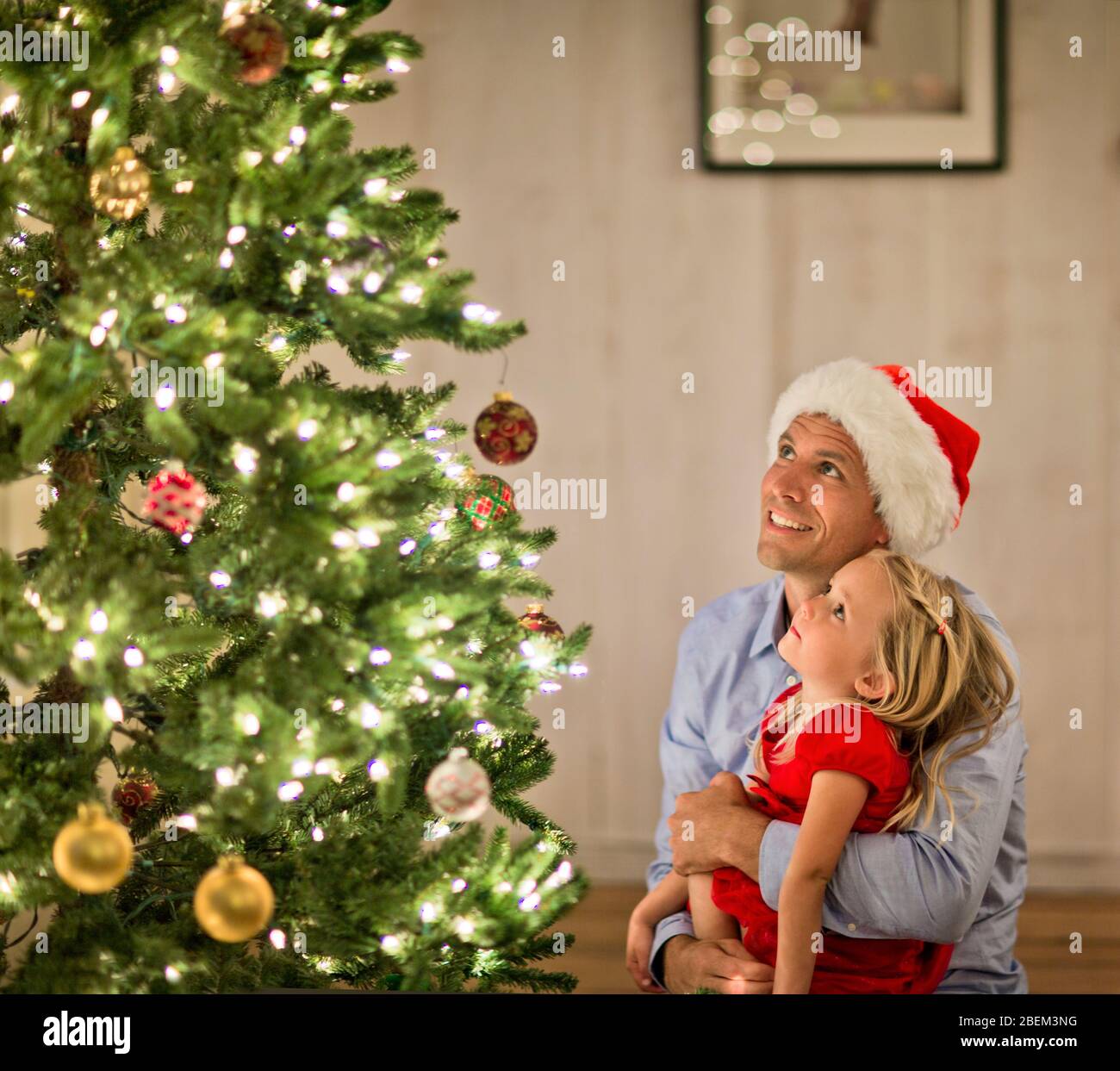 Father and daughter admiring their Christmas tree Stock Photo - Alamy