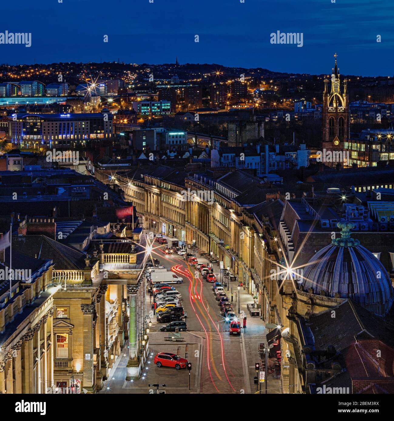 A view at night in Newcastle upon Tyne looking down Grey & Dene Street ...