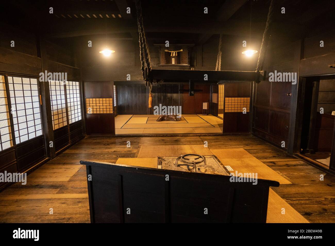 Sunken hearth fire at the Hida Folk Village (Hida no Sato) traditional ...