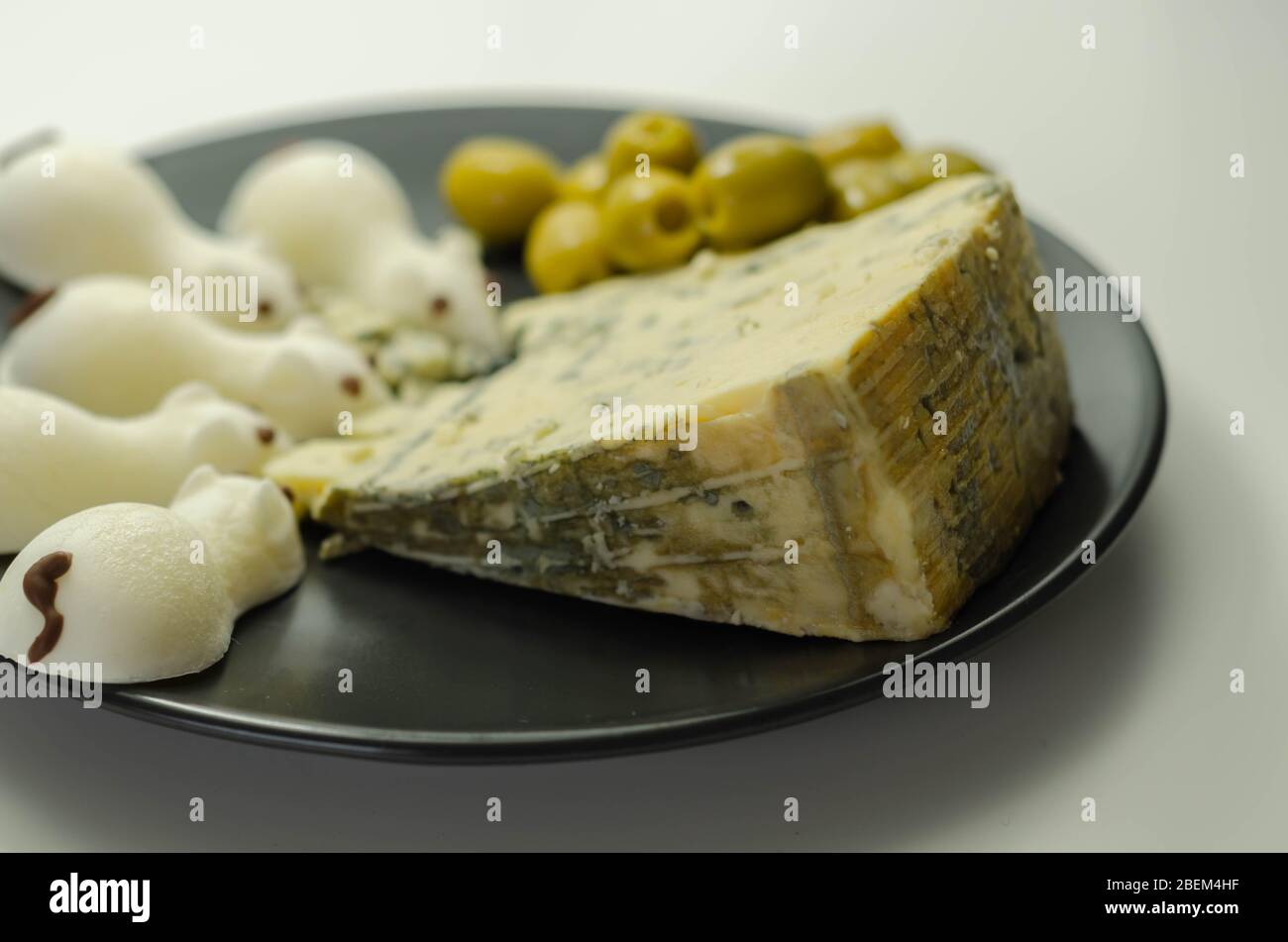 Full fat soft blue veined cheese with olives and snacks in the shape of ...
