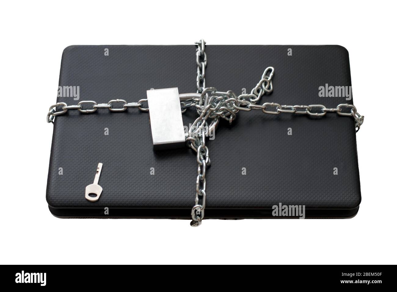 Laptop wrapped in a chain isolated on a white background, computer ...