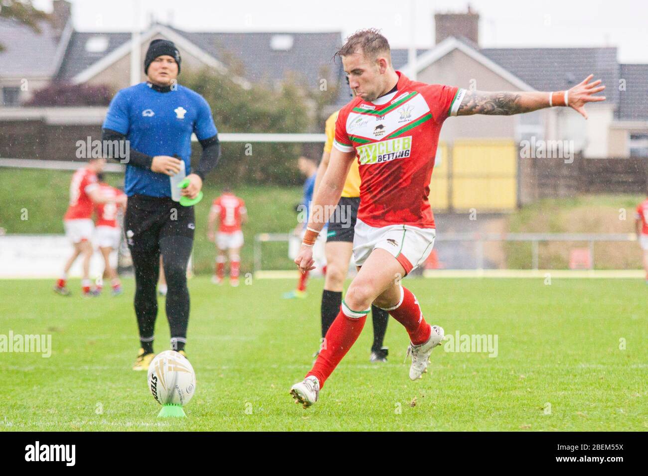Courtney Davies of Wales kicks a conversion. Wales v Serbia at ...