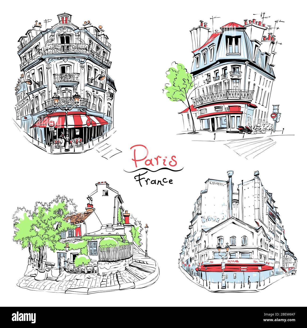 Set of Vector hand drawings. Typical parisain house with cafe and ...