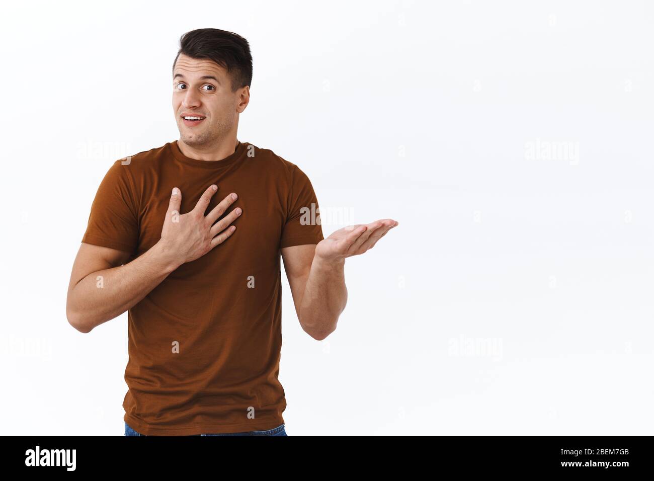 Who me, why. Portrait of surprised and clueless, confused handsome man ...