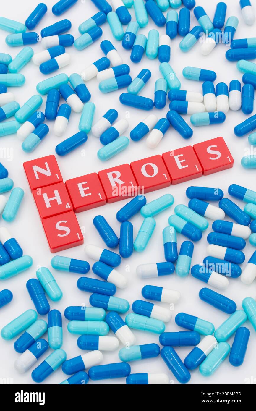 NHS Heroes letters tiles & assorted blue pills. For NHS in Covid 19 ...