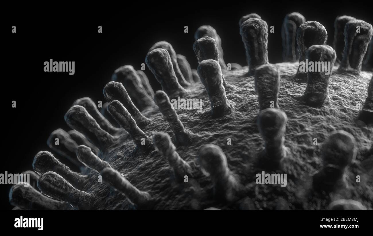 macro 3d illustration closeup detail of corona virus with DNA strands ...