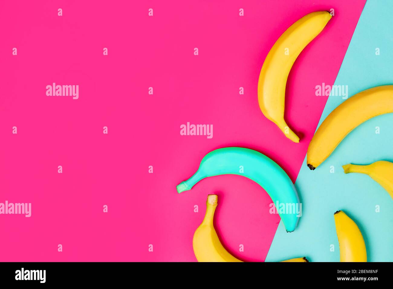 Flat lay of yellow and one blue banana on colorful background with copy ...