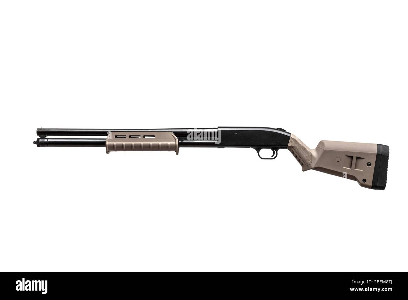 Modern pump-action shotgun with a plastic butt and fore-end isolate on ...