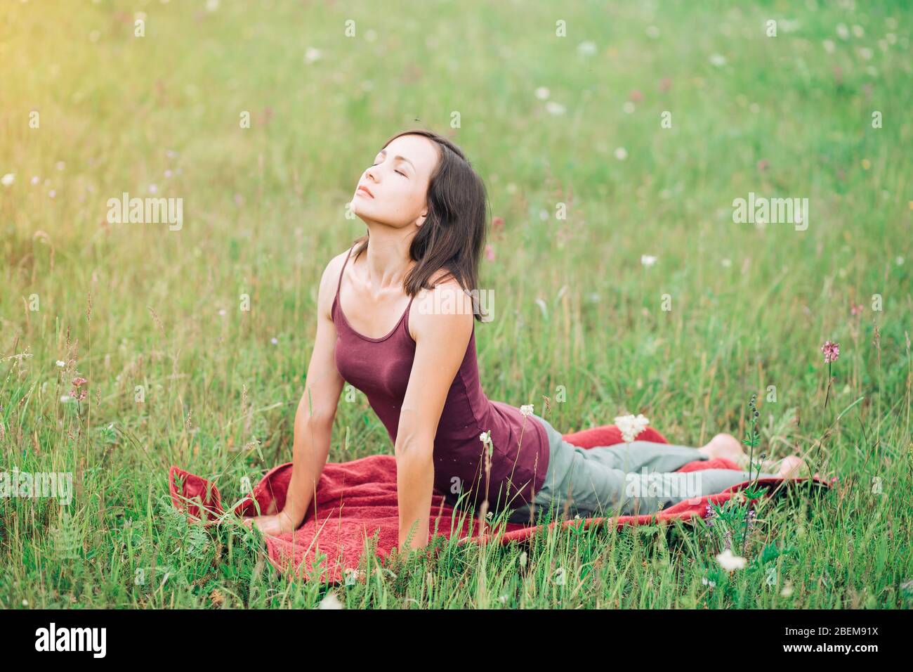 Morning exercises, yoga in nature. Beautiful healthy woman Stock Photo ...