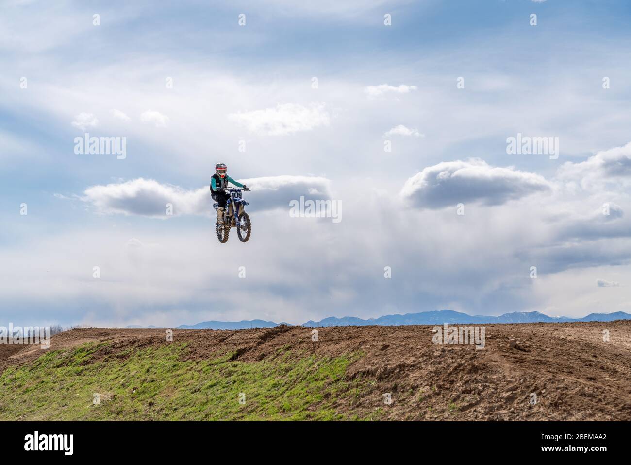 Dacono, CO/ USA- March29, 2020 Motocross riders race around the track ...