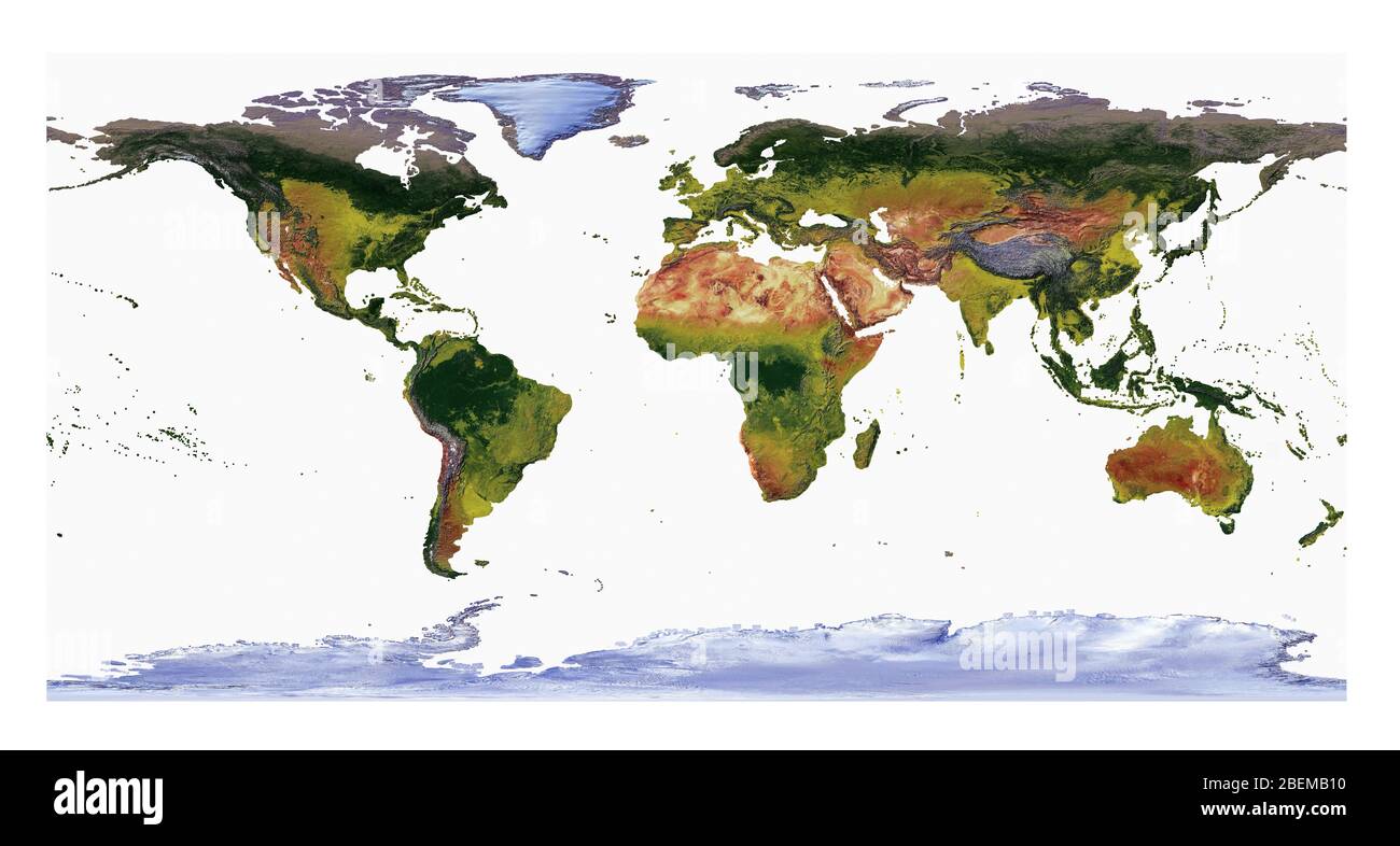 World Map showing land cover and shaded relief with a natural style and ...