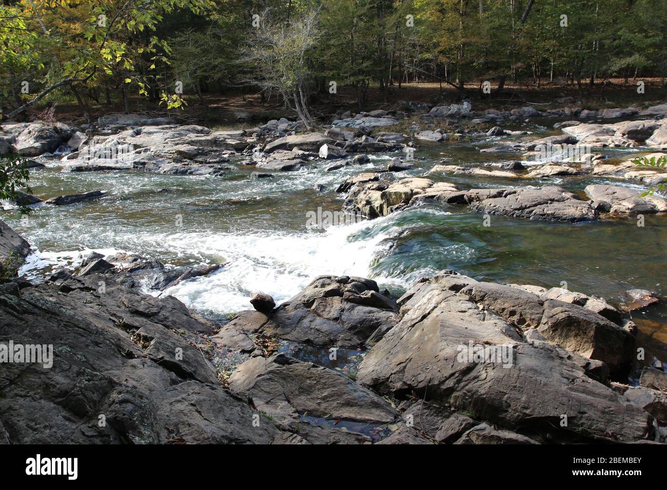 The rocky bedrock of Eno river creating mini rapids in the forest in ...
