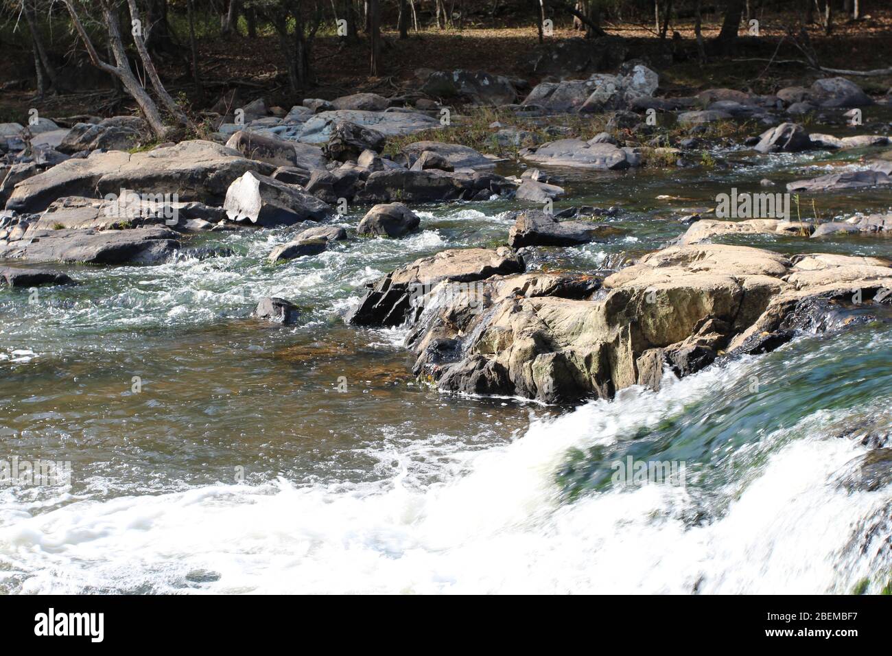 The rocky bedrock of Eno river creating mini rapids in the forest in ...