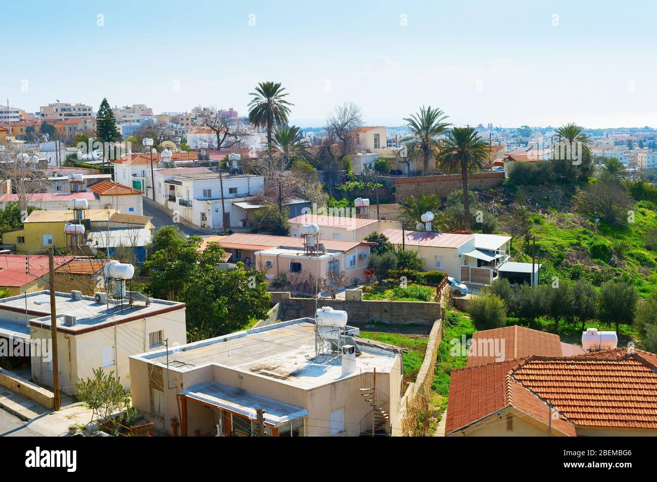 Aerial skyline of Paphos town, houses of typical architecture, Cyprus ...