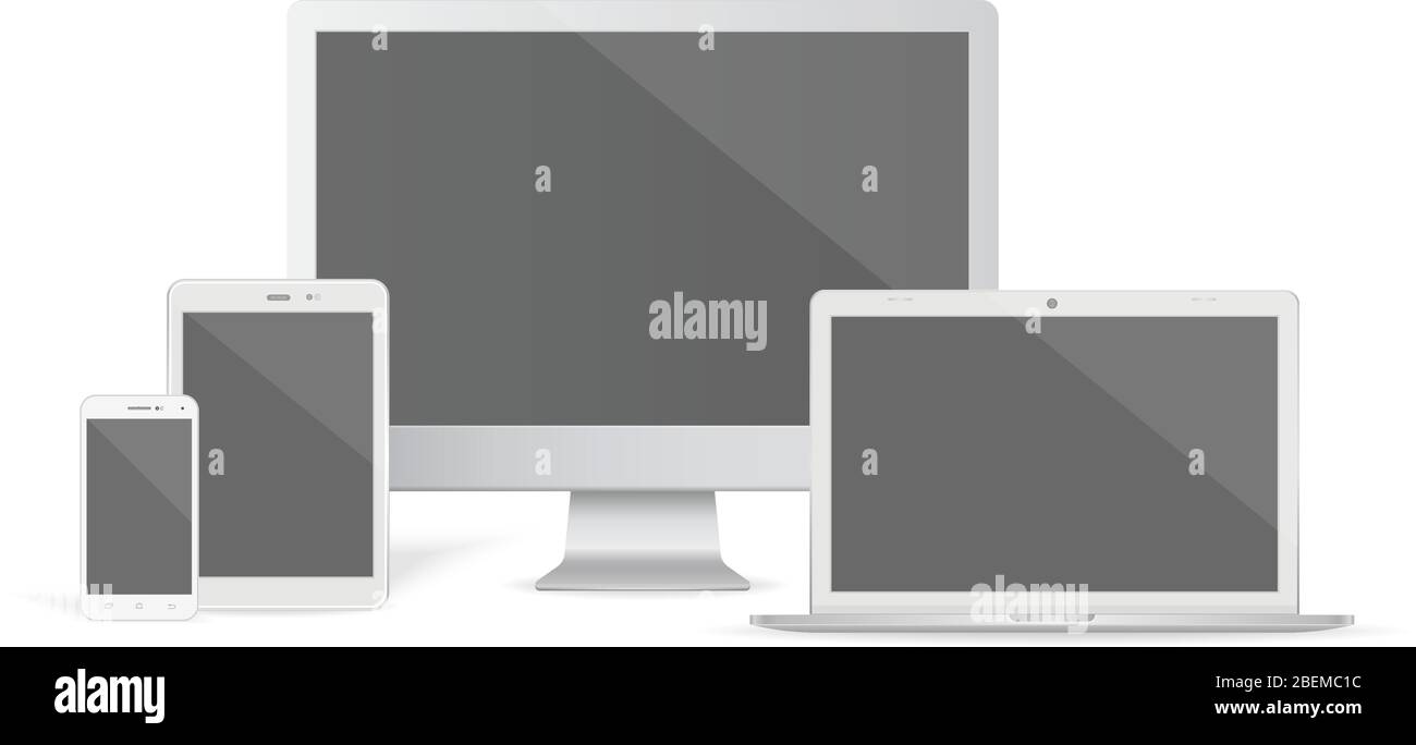 Set of realistic vector graphic computer monitor, laptop, tablet and ...