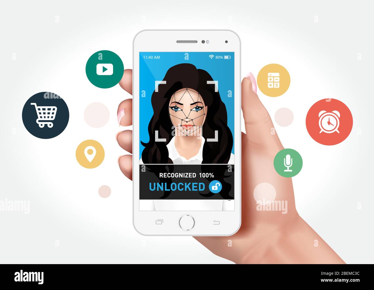 Vector graphics showing a hand holding a smartphone with face ...