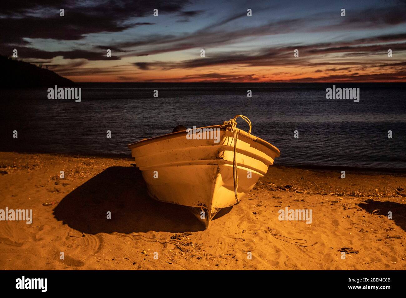 pangas or fishing boats on the beach at sunset or dusk on El Choyudo ...