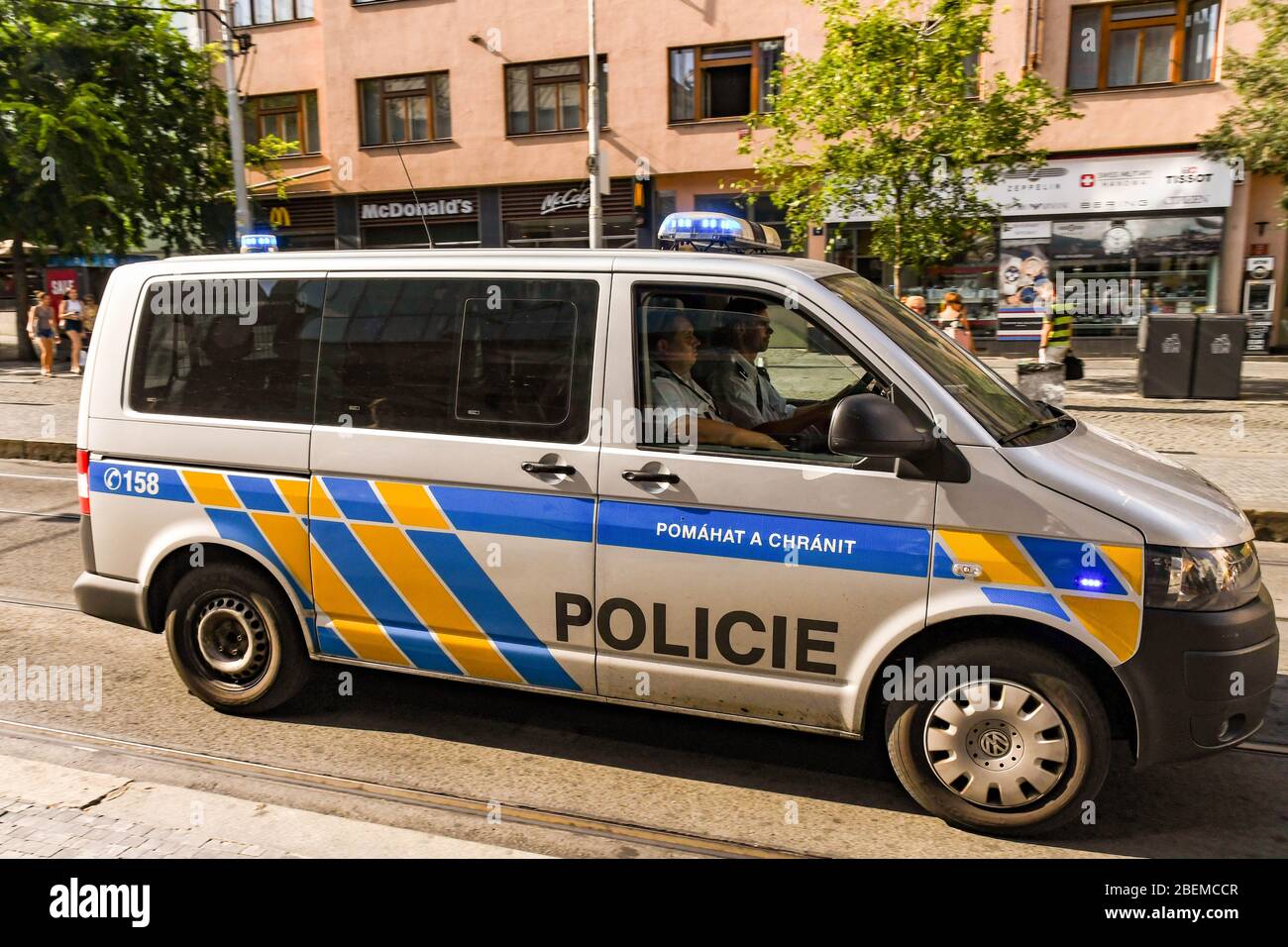 PRAGUE, CZECH REPUBLIC - JULY 2018: Police patrol vehicle with blue ...