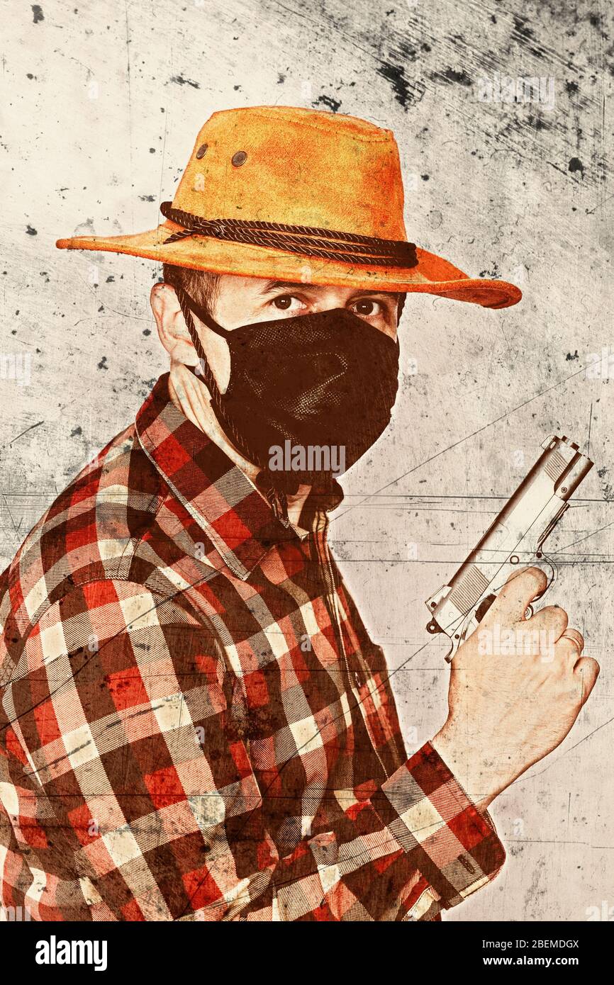 Portrait of a cowboy with a mask and a gun. Edited with a vintage film ...